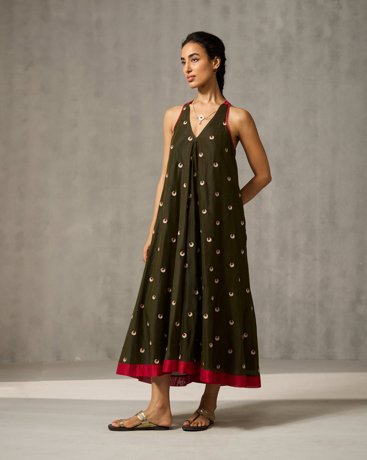 Akira Twist Back Dress - Green & Gold Embroidered – Nicobar Global