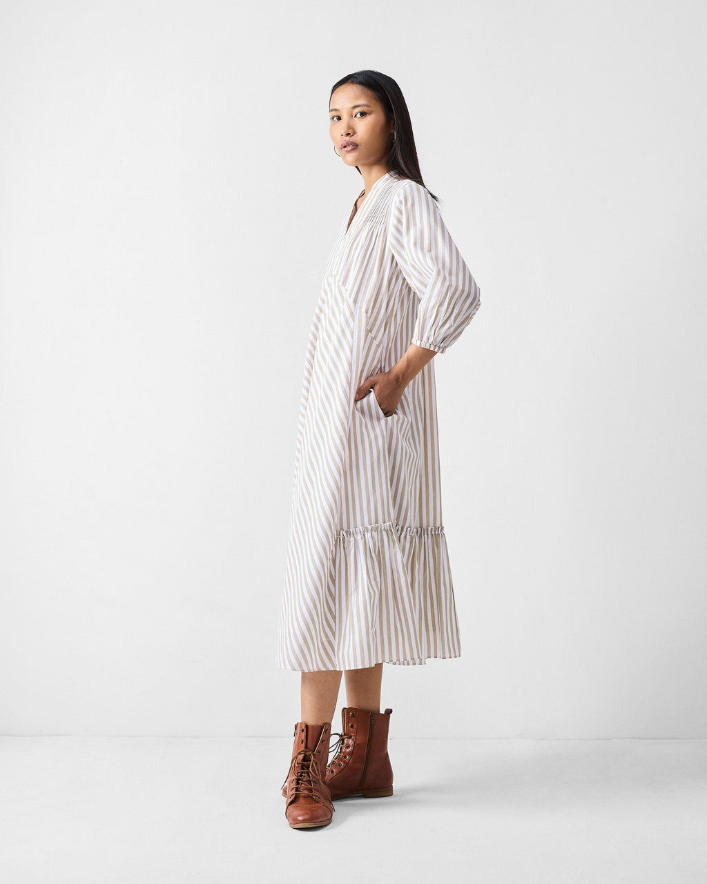 Summer Tea Dress - Khaki & White Stripes – Nicobar Global